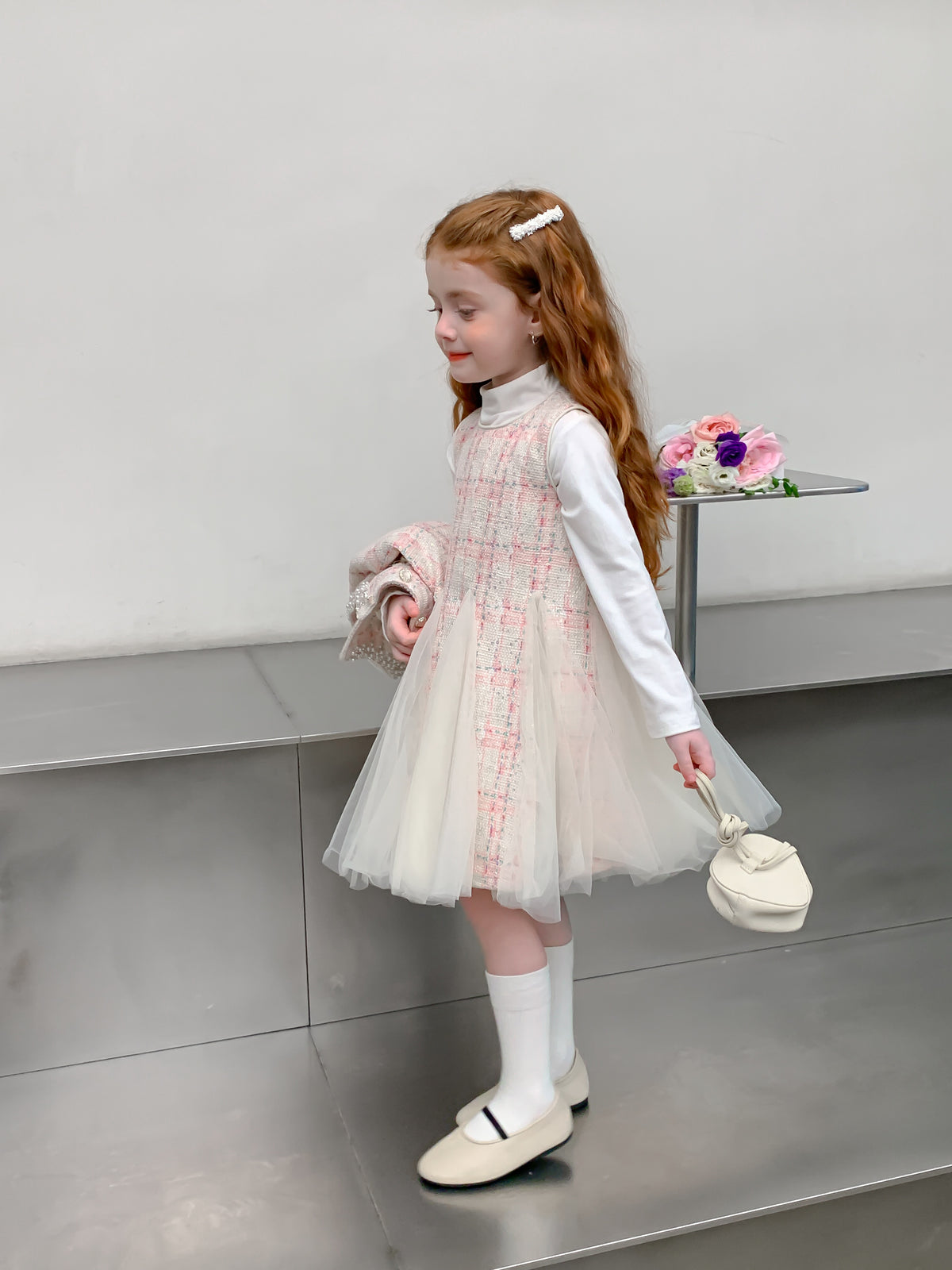 "Coco" Girl's Tweed with Pearls Dress and Jacket Set | Mimi Miya